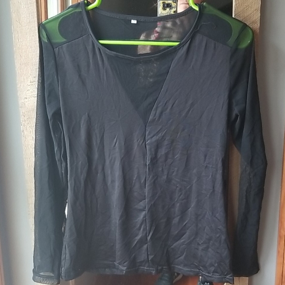Tops | Ladies Black Sheer With Mesh Arms Long Sleeve | Poshmark